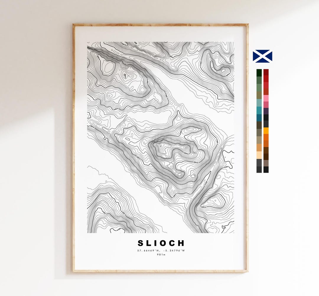 Slioch Print - Contour Map - Slioch Poster - Scotland - Topographic Map ...