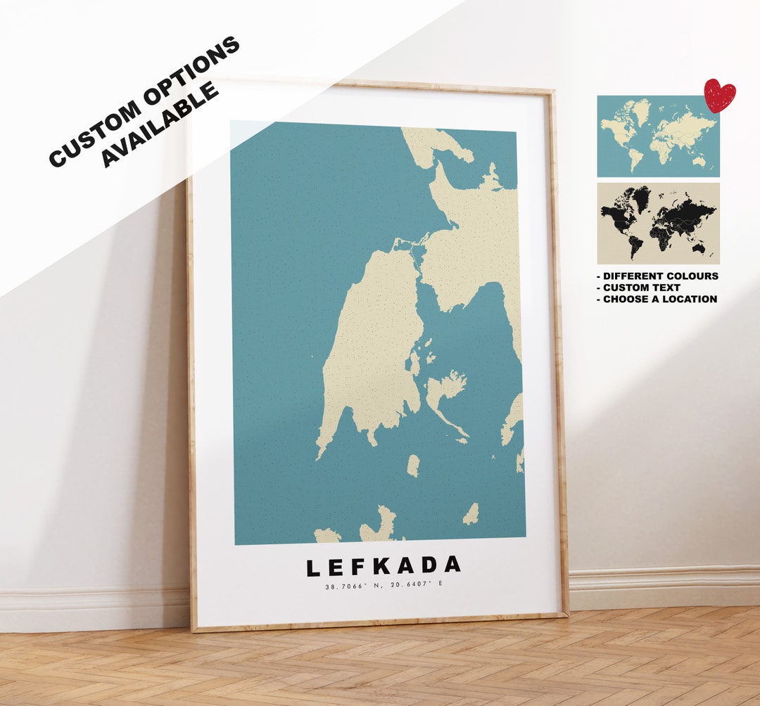 Lefkada Map Print - Personalised Map Gift - Framed or Canvas Options ...