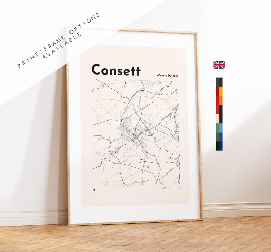 Consett Map Print - Custom Options/colours Available - Prints or Framed ...
