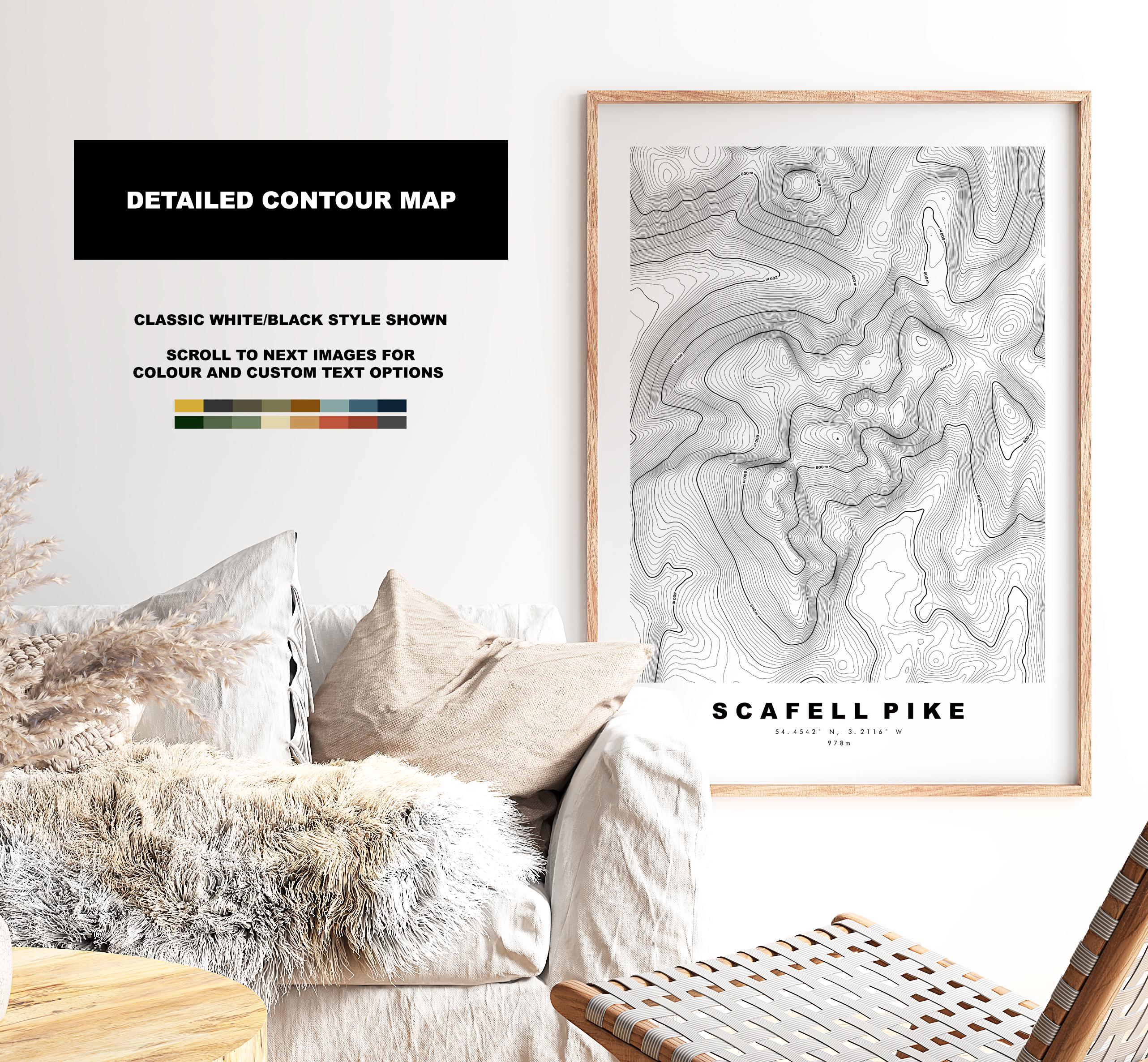 Scafell Pike Print - Contour Map - Scafell Pike Poster - Lake District ...