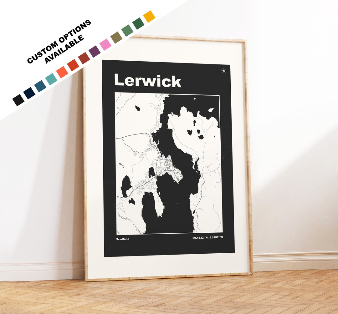 Lerwick Map Print - Custom Options/colours Available - Prints or Framed ...