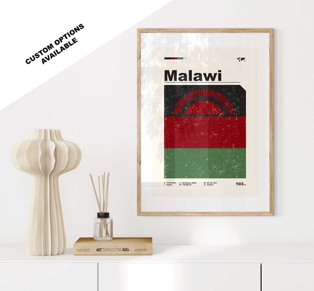 Malawi Flag Print - Flag Poster - Mid Century Modern - Custom Options ...
