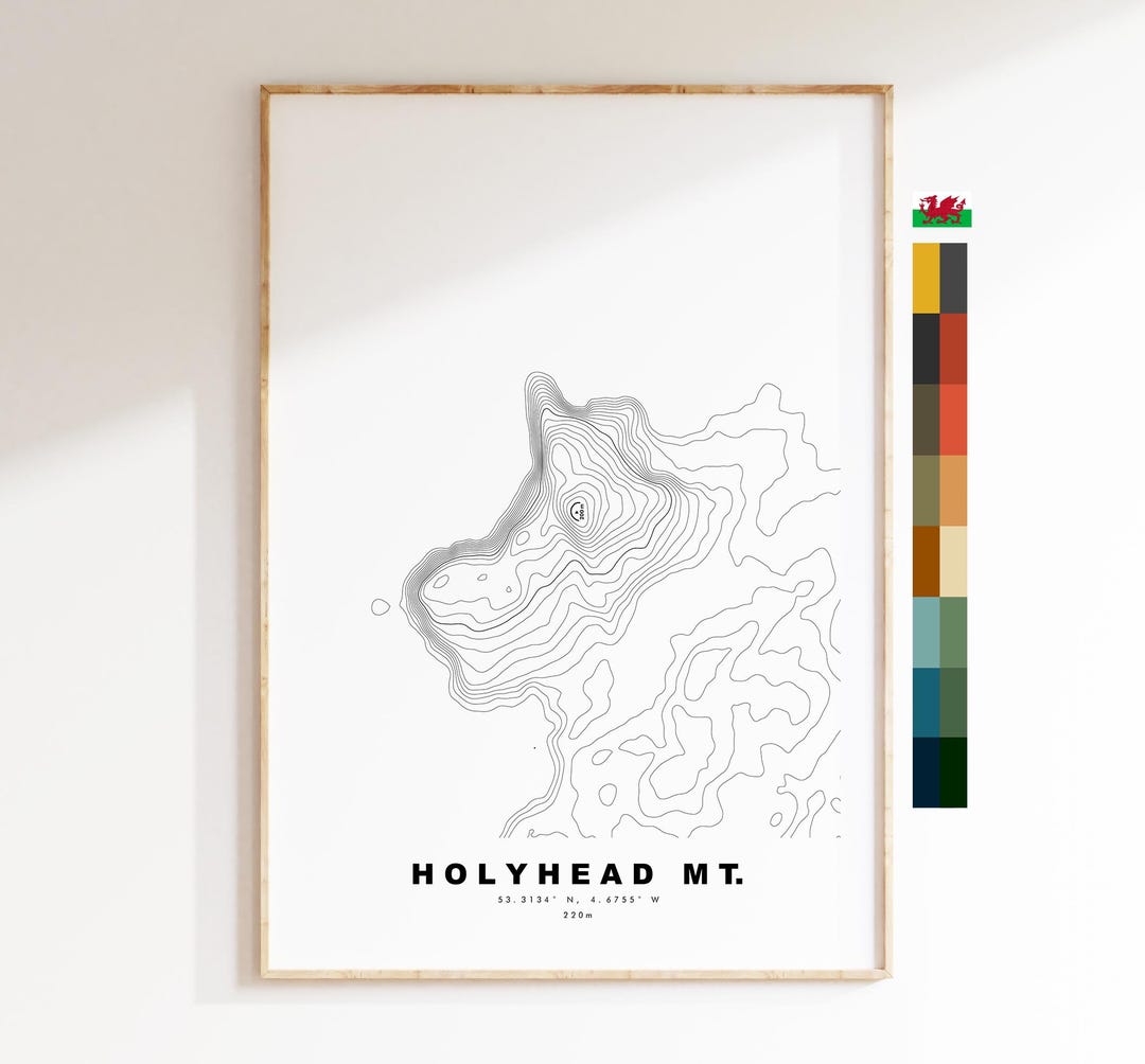 Holyhead Mountain Print - Contour Map - Anglesey - Wales - Topographic ...