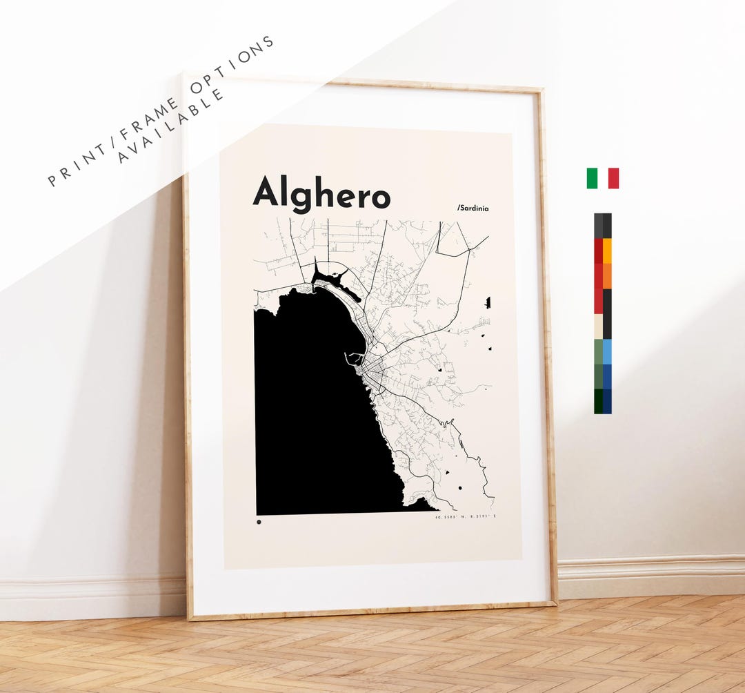 Alghero Map Print - Custom Options/colours Available - Prints or Framed ...