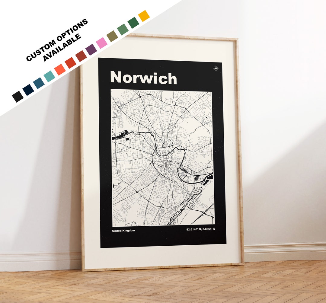 Norwich Map Print - Custom Options/colours Available - Prints or Framed ...