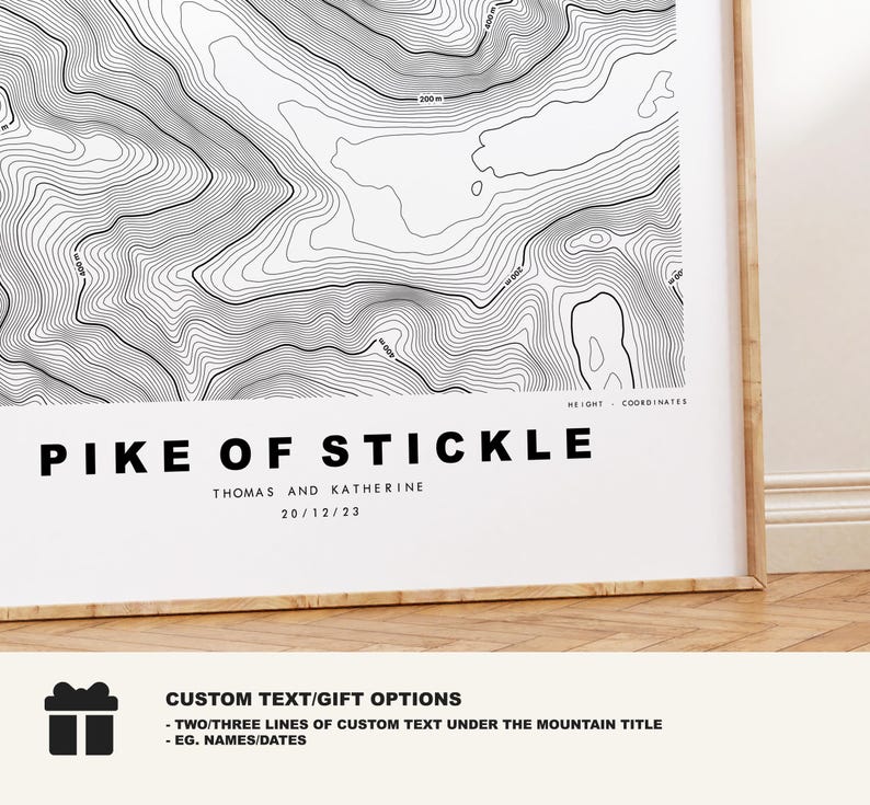 Pike of Stickle Print - Contour Map - Langdale Pikes Map - Lake ...