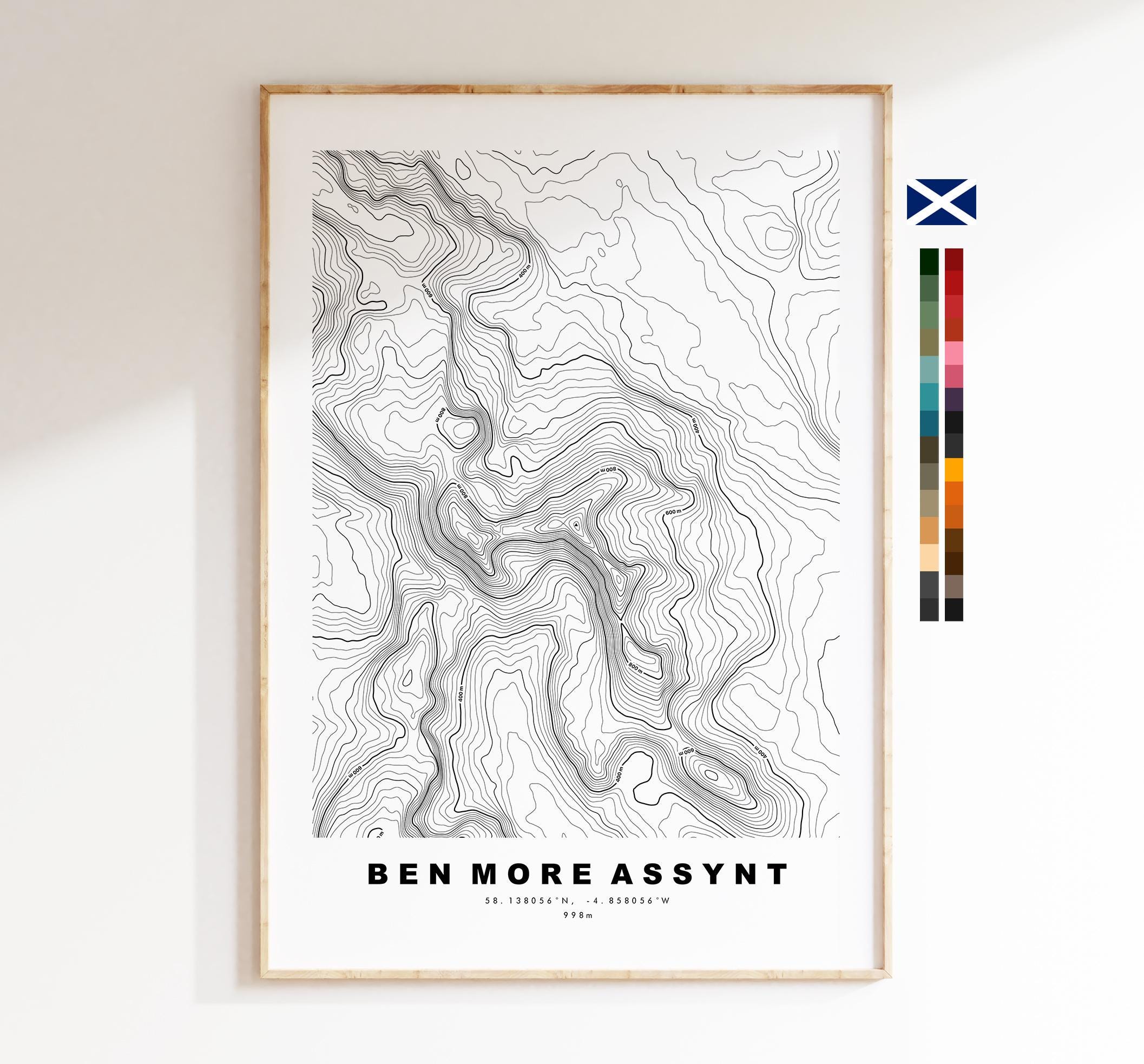 Ben More Assynt Print - Contour Map - Ben More Assynt Poster - Scotland ...