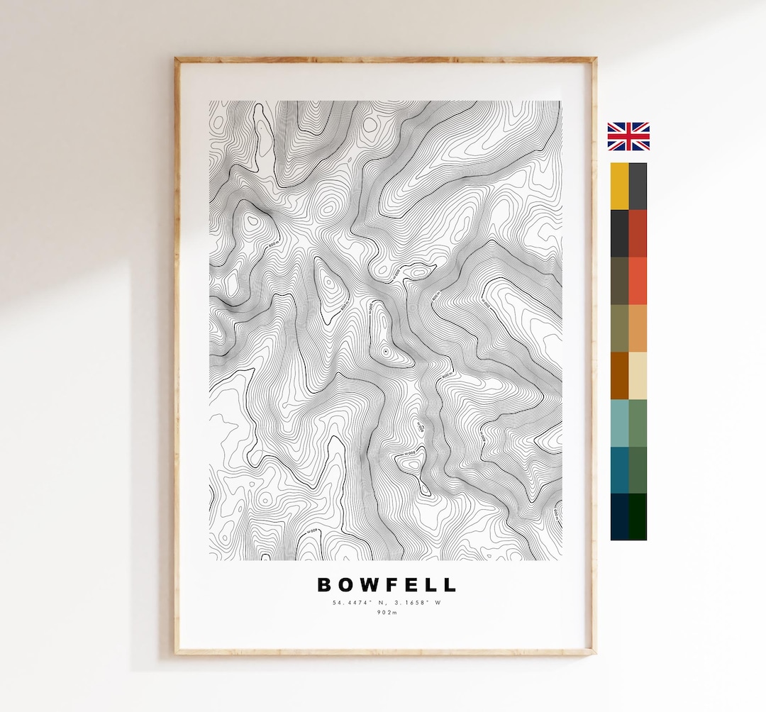 Bowfell Print - Contour Map - Bowfell Lake District Map - Lake District ...