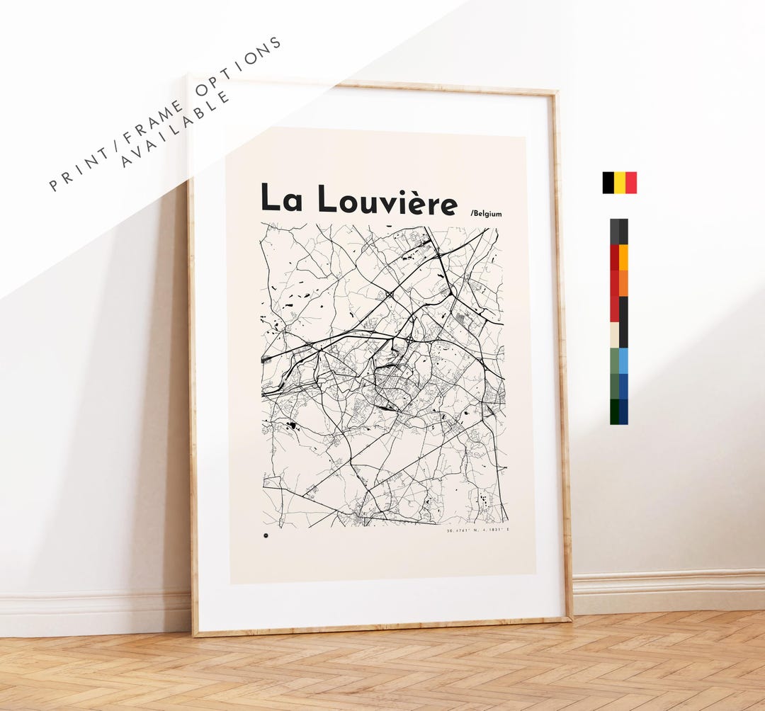 La Louvière Map Print - Print, Framed or on Canvas - La Louvière Poster ...