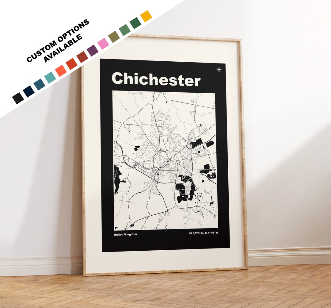 Chichester Map Print Custom Options/colours Available Prints or Framed ...