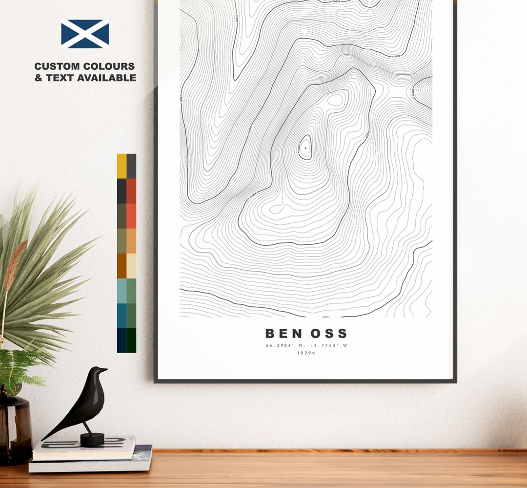 Ben Oss Print - Contour Map - Ben Oss Poster - Scotland - Topographic ...