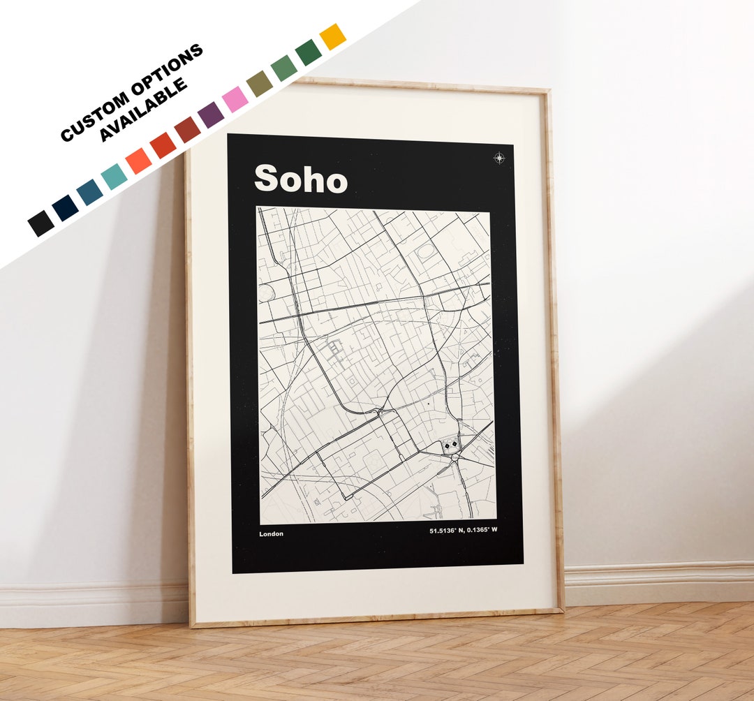 Soho Map Print - Custom Options/colours Available - Prints or Framed ...