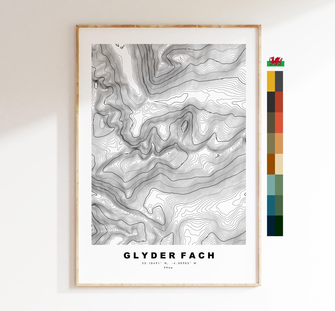 Glyder Fach Print - Contour Map - Snowdonia - Wales - Topographic Map ...