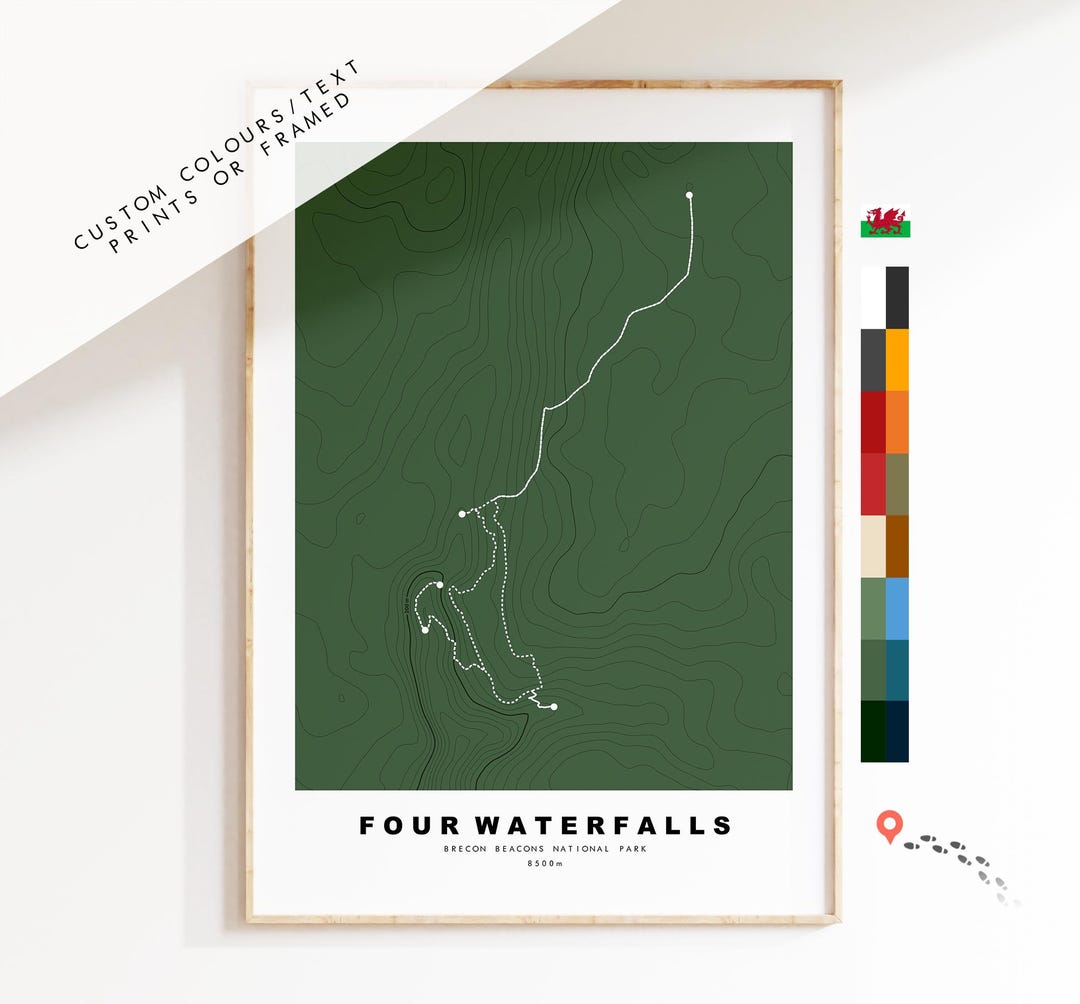 Four Waterfalls Brecon Beacons Trail Map Print - Trail and Contour Map ...
