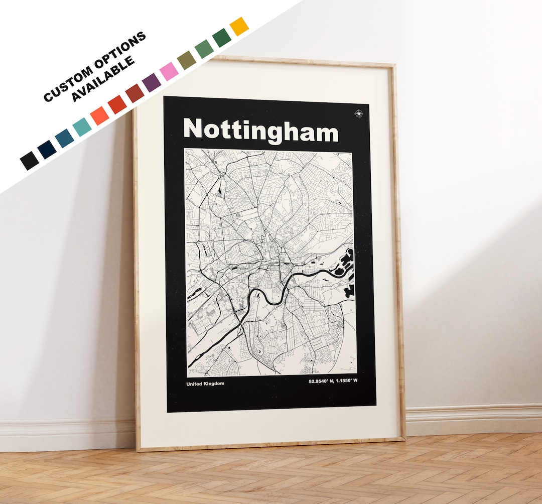 Nottingham Map Print Custom Options/colours Available Prints or Framed ...