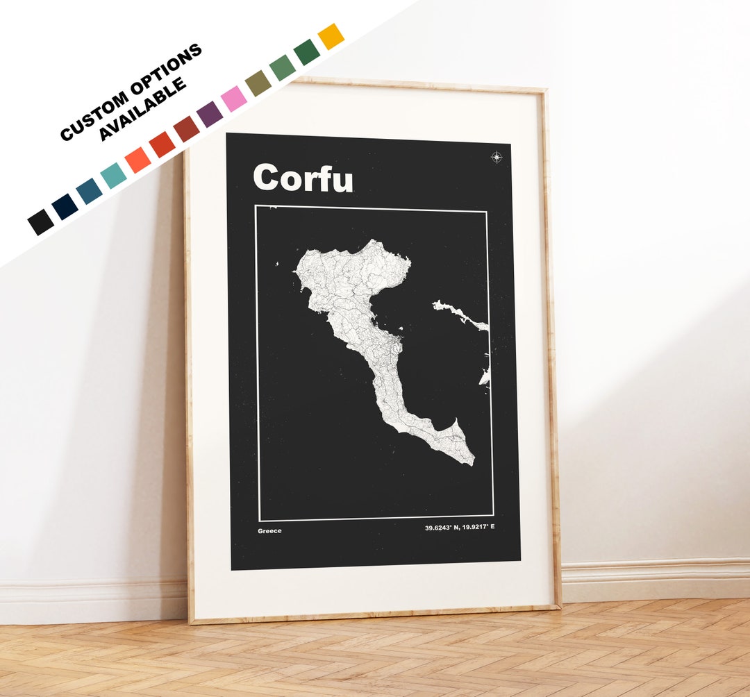 Corfu Map Print Custom Options/colours Available Prints or - Etsy