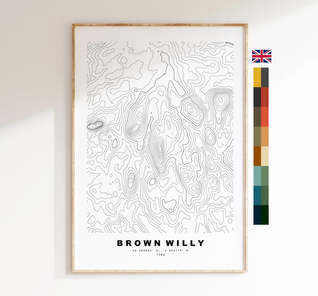 Brown Willy Print - Contour Map - Bodmin Moor Map - Cornwall - UK ...