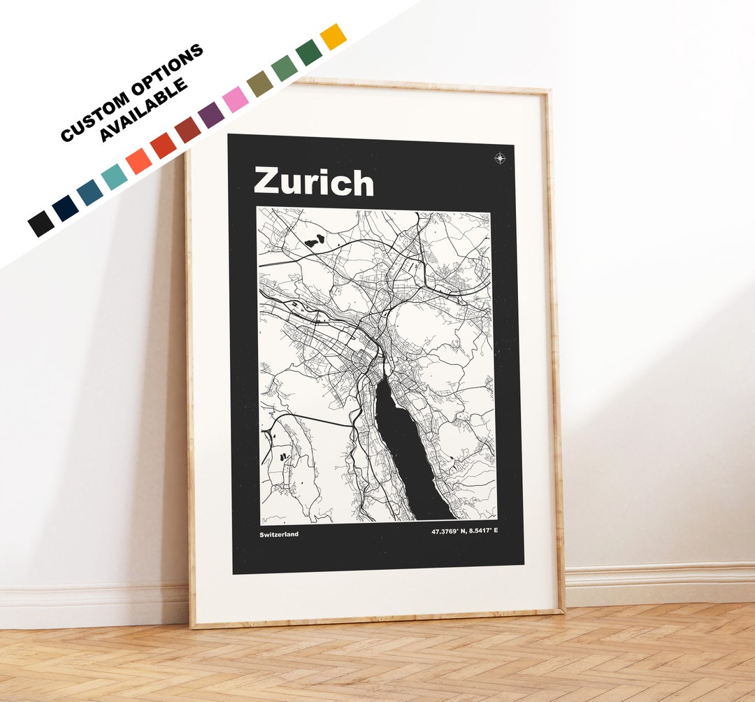 Zurich Map Print - Custom Options/colours Available - Prints or Framed ...