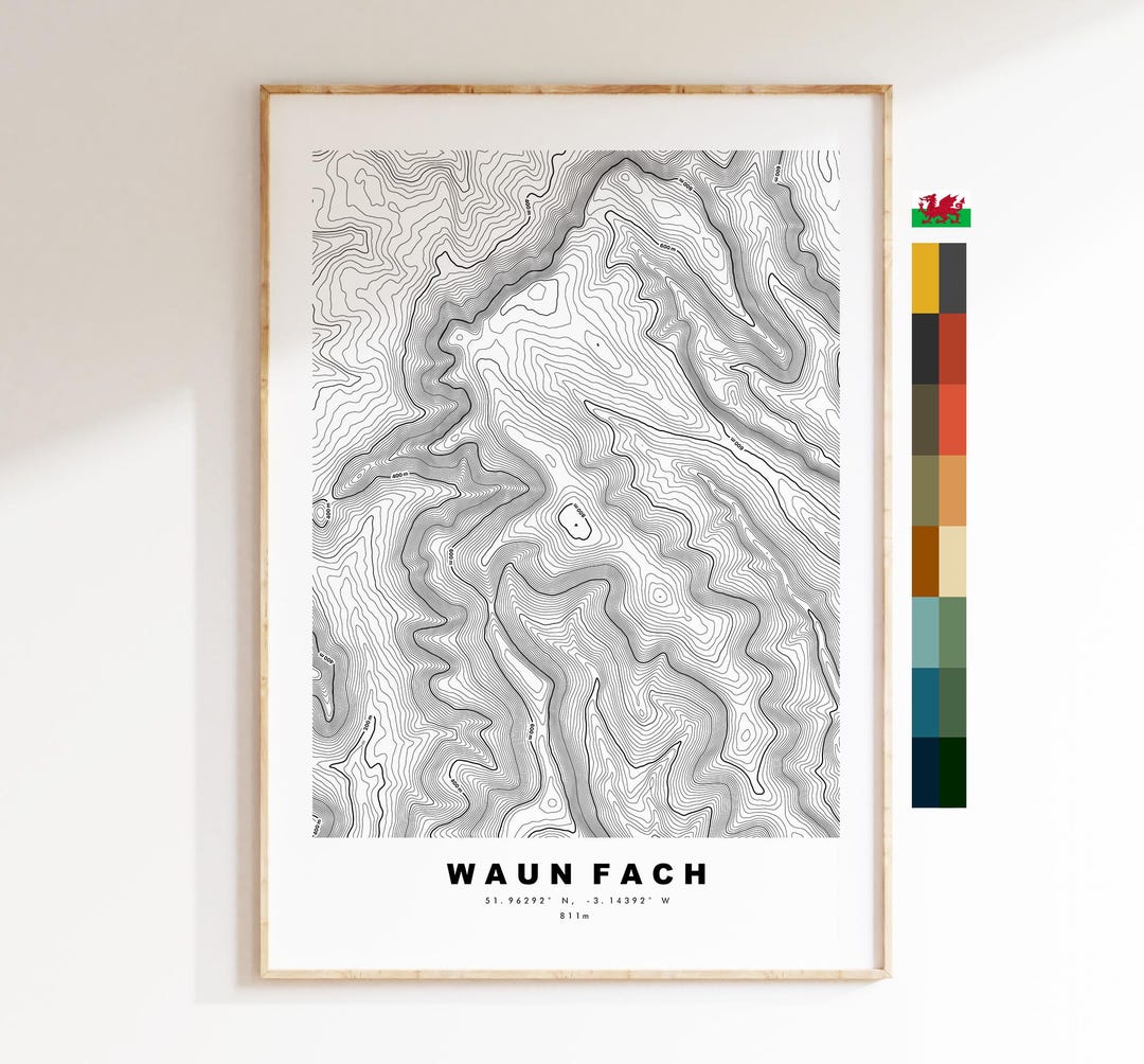 Waun Fach Print - Contour Map - Black Mountains - Wales - Topographic ...