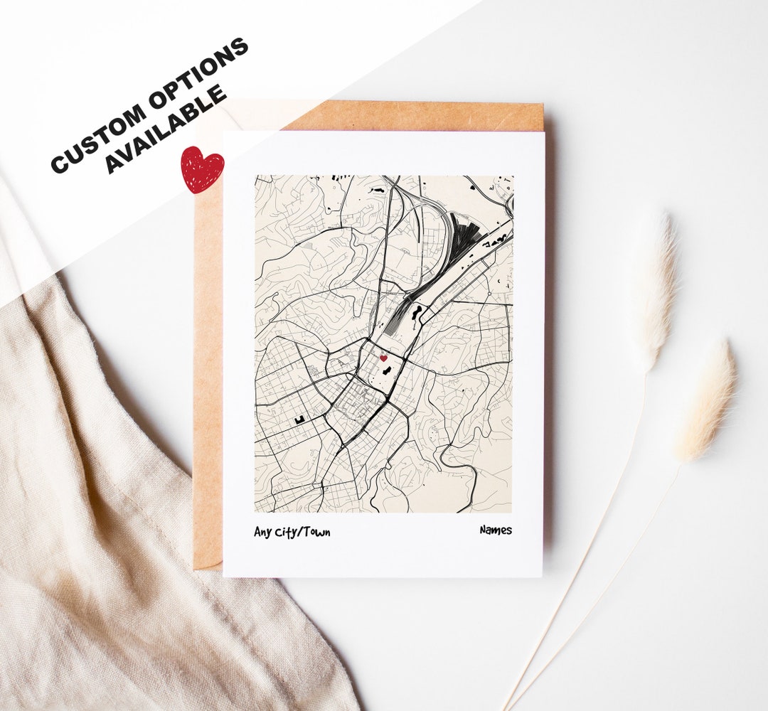 Custom Map Card, Any City/town - Custom Text/heart Location - Blank ...