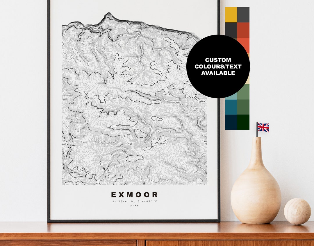 Exmoor Print - Contour Map - Exmoor Map - Topographic Map - Print ...