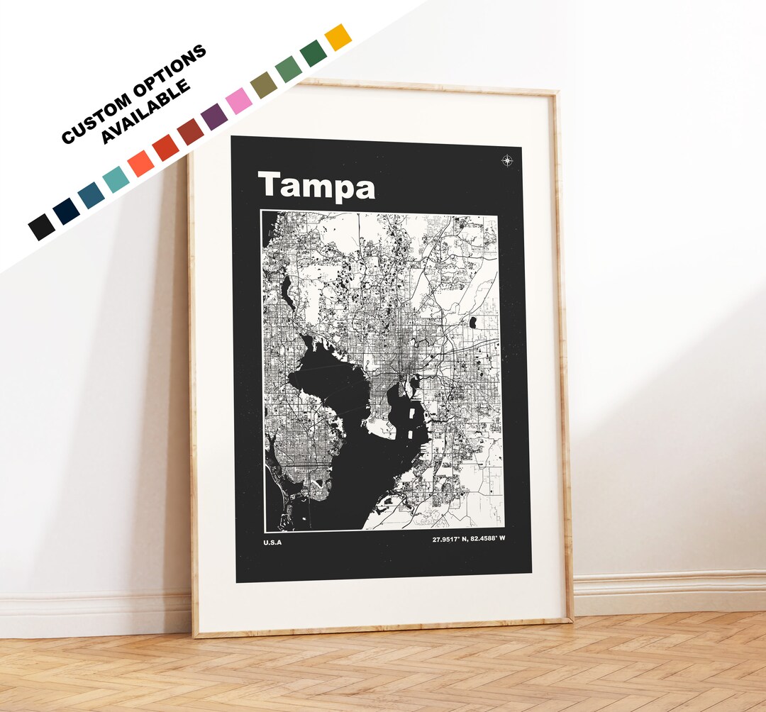 Tampa Map Print - Custom Options/colours Available - Prints or Framed ...