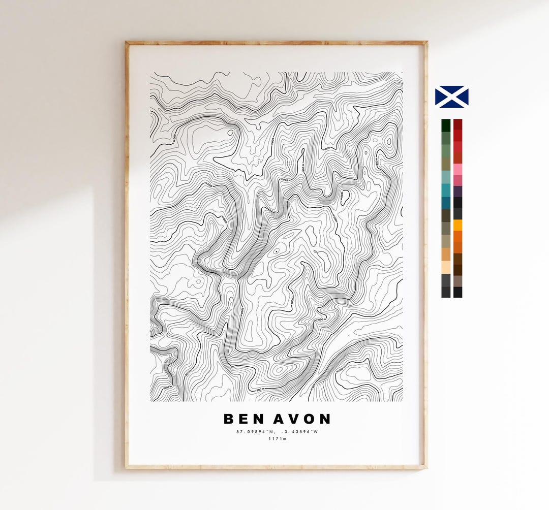 Ben Avon Print - Contour Map - Ben Avon Poster - Scotland - Topographic ...