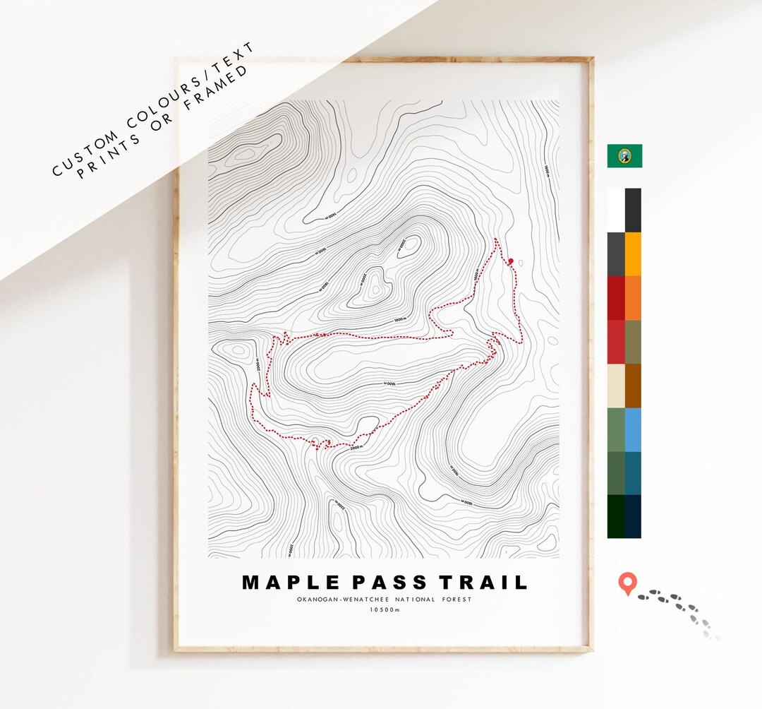 Maple Pass Trail Map Print - Trail and Contour Map - Topography ...