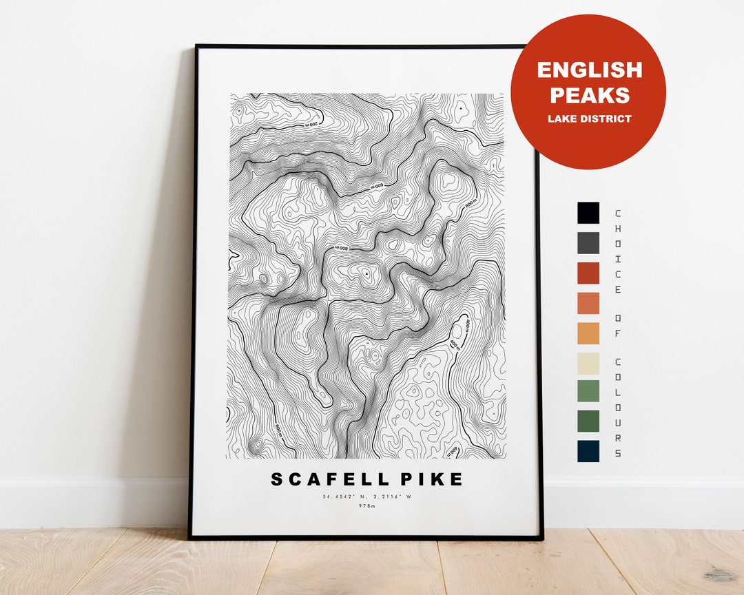 Scafell Pike Print Contour Map Scafell Pike Poster Lake - Etsy