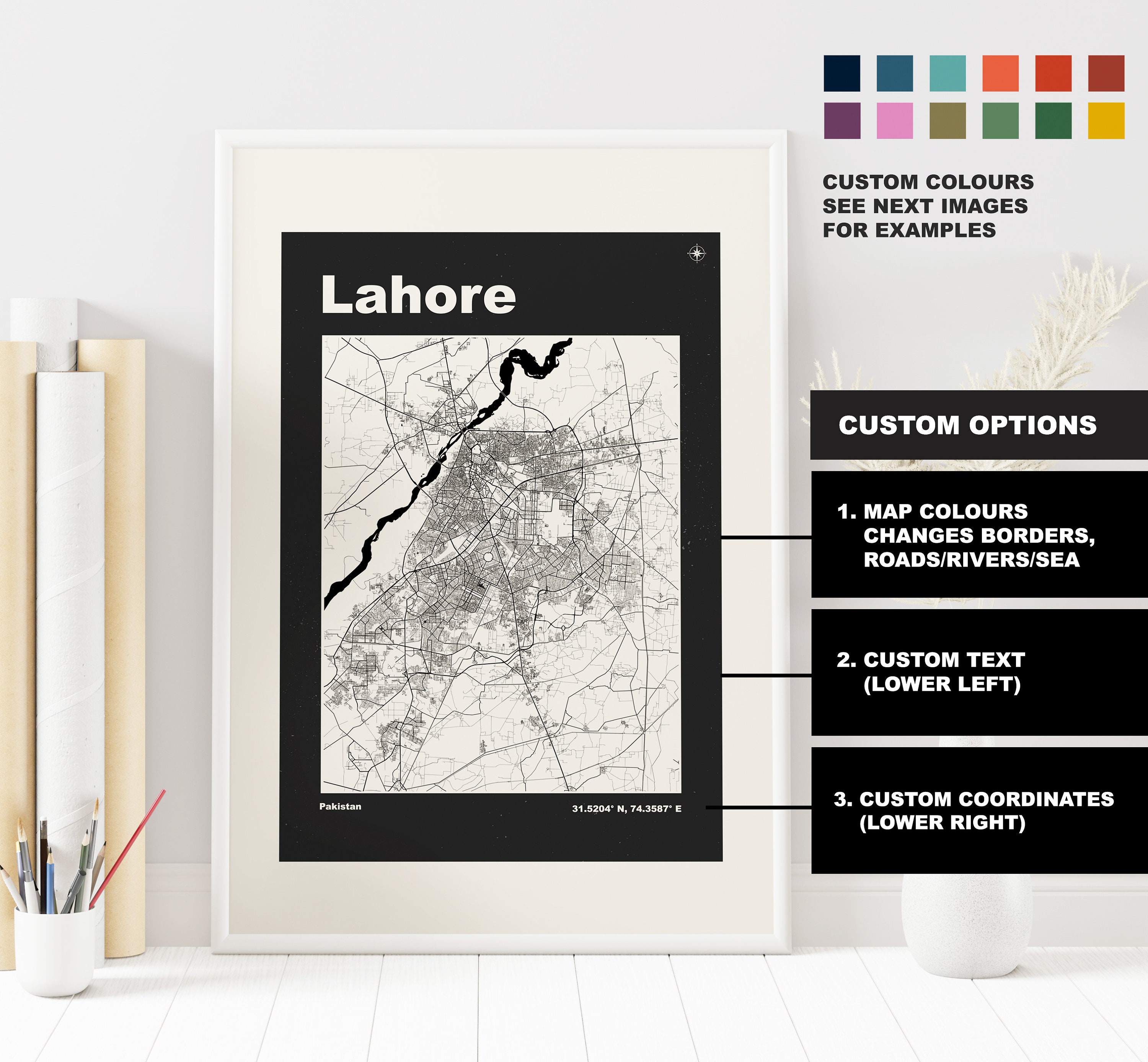 Lahore Map Print - Custom Options/colours Available - Prints or Framed ...