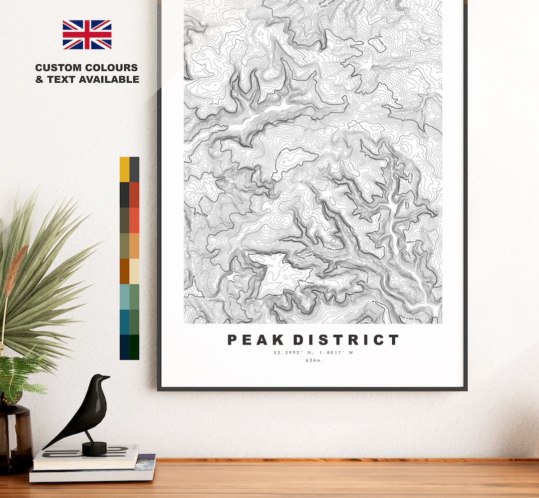 Peak District Print - Contour Map - Peak District Map - Topographic Map ...
