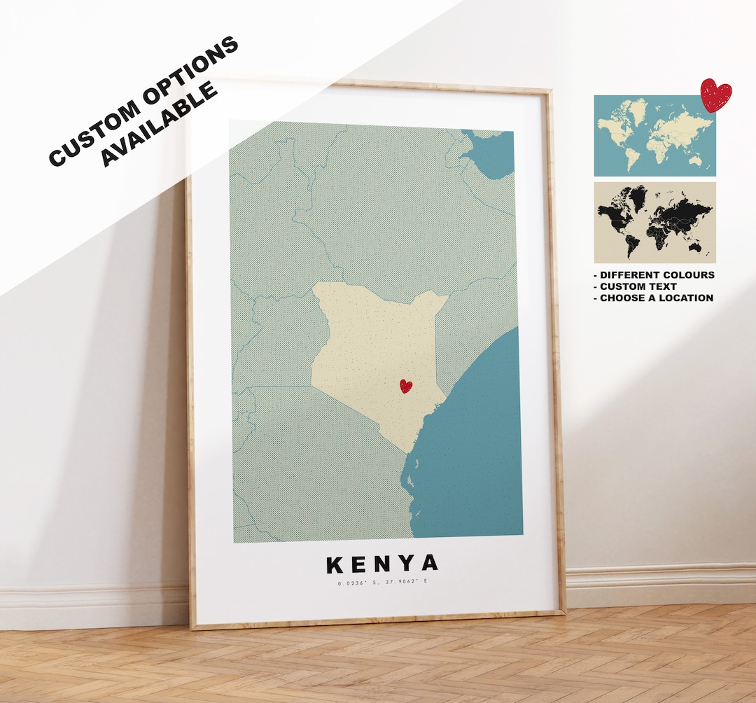 Kenya Map Print - Personalised Map Gift - Framed or Canvas Options ...