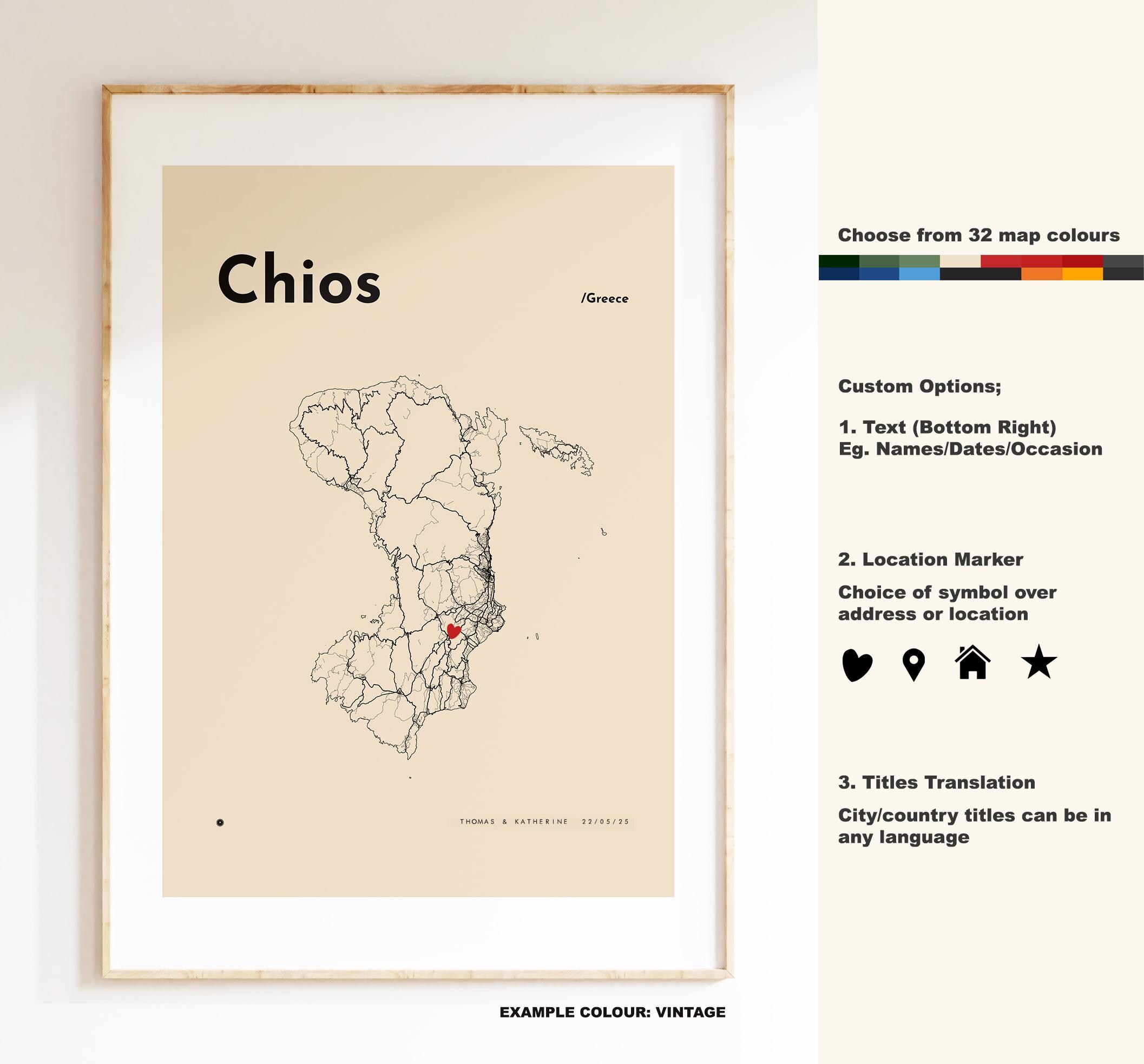 Chios Map Print - Custom Options/colours Available - Prints or Framed ...