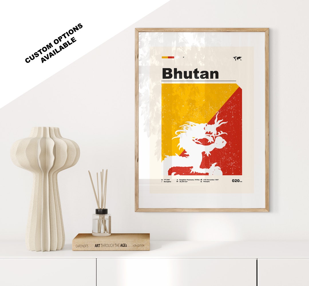 Bhutan Flag Print - Flag Poster - Mid Century Modern - Custom Options ...