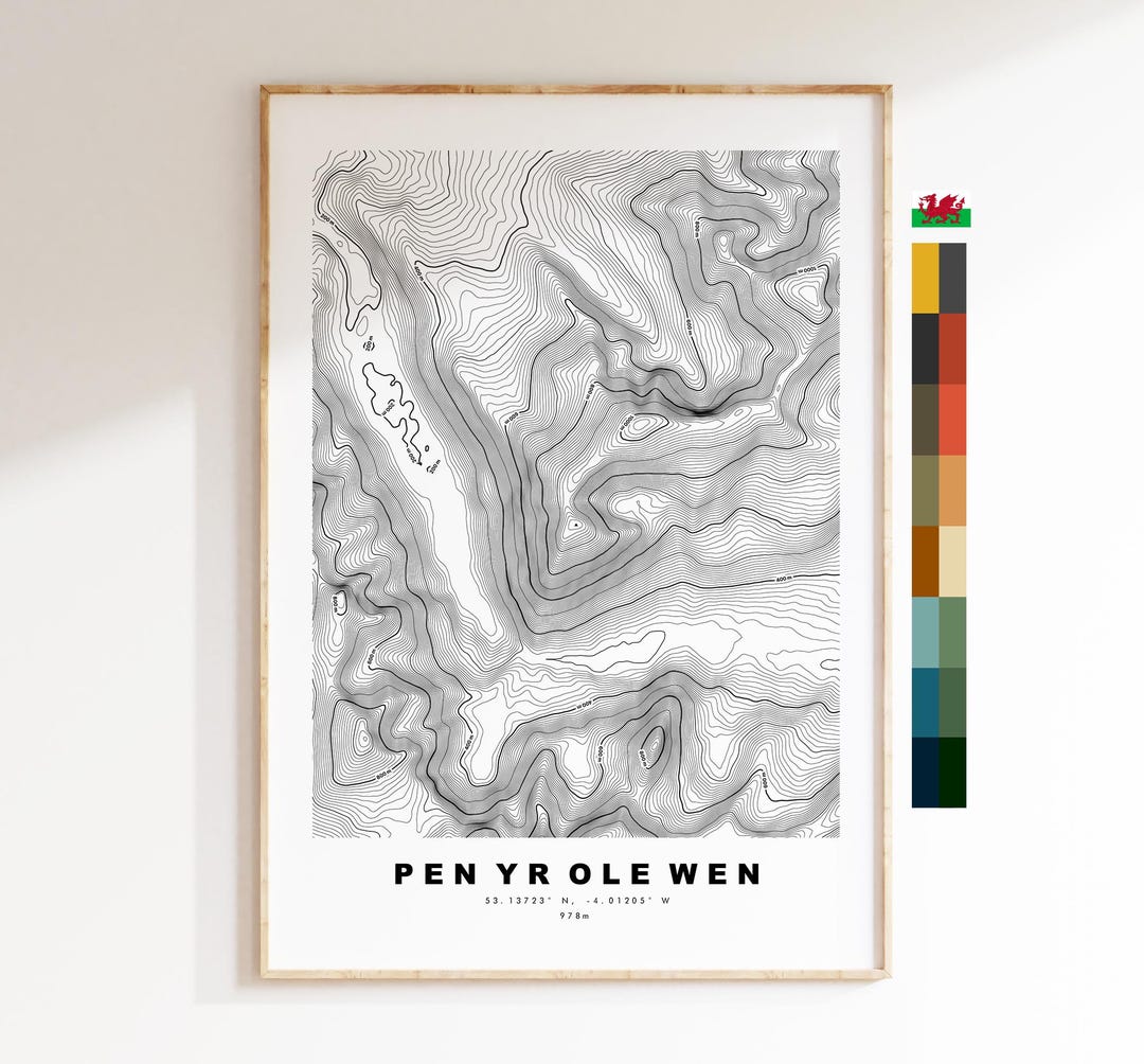 Pen Yr Ole Wen Print - Contour Map - Snowdonia - Wales - Topographic ...