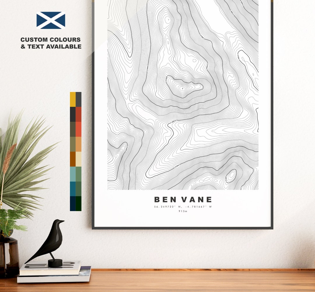 Ben Vane Print - Contour Map - Ben Vane Poster - Scotland - Topographic ...