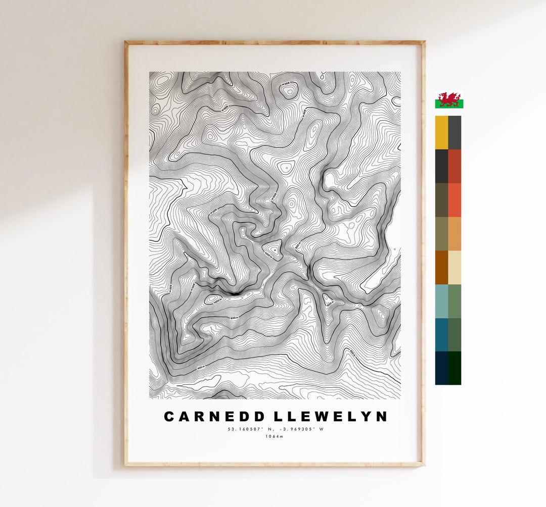 Carnedd Llewelyn Print - Contour Map - Snowdonia - Wales - Topographic ...