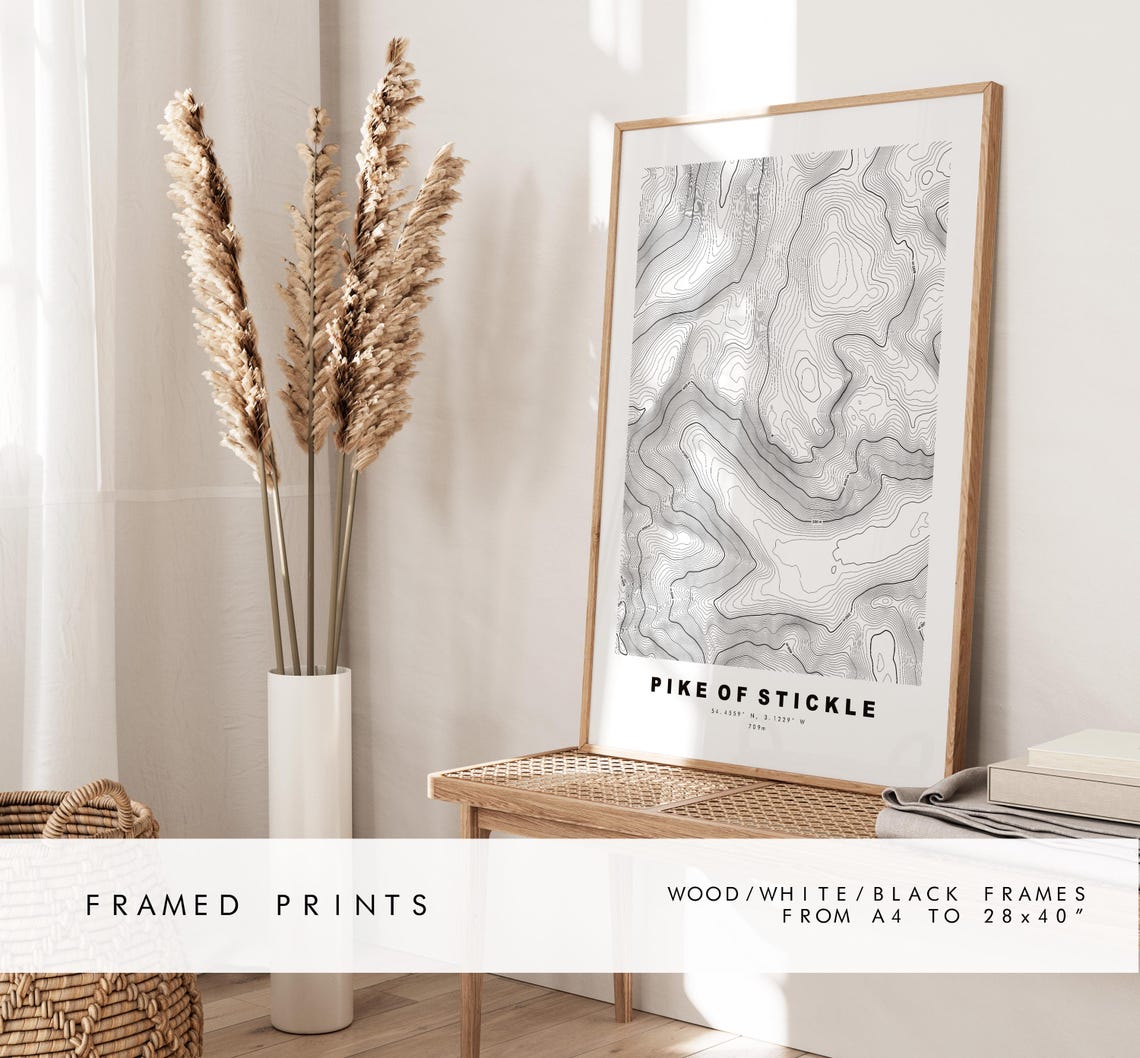 Pike of Stickle Print - Contour Map - Langdale Pikes Map - Lake ...