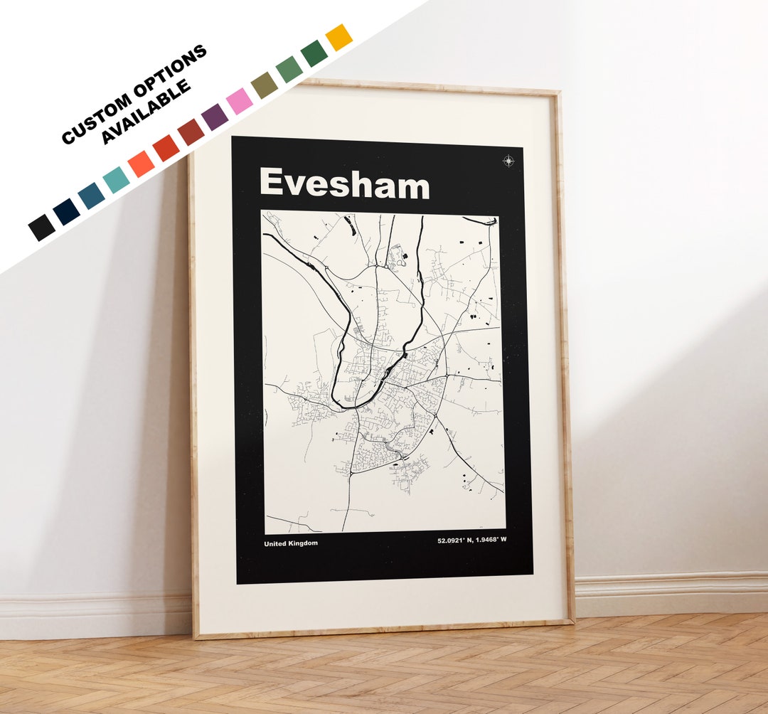 Evesham Map Print Custom Options/colours Available Prints or Framed ...