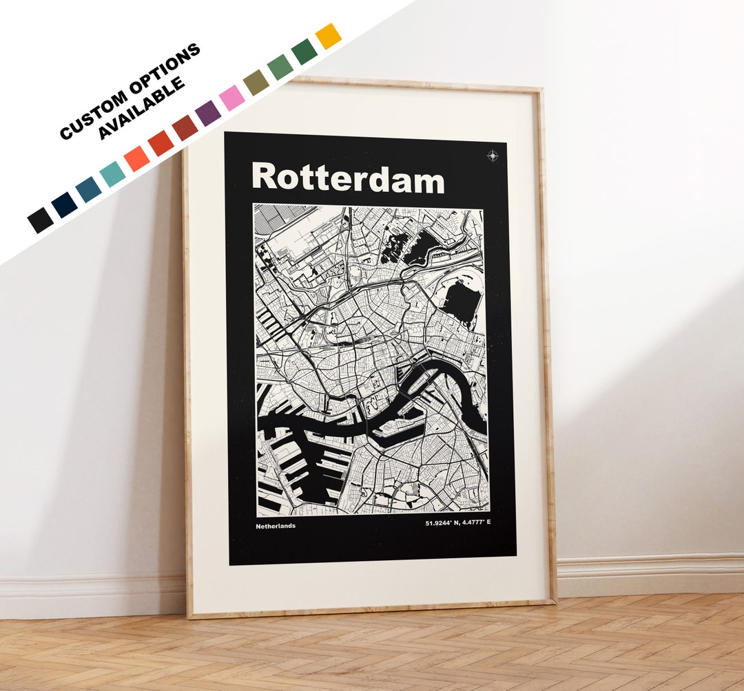 Rotterdam Map Print - Custom Text Options - Rotterdam Map - Mid Century ...