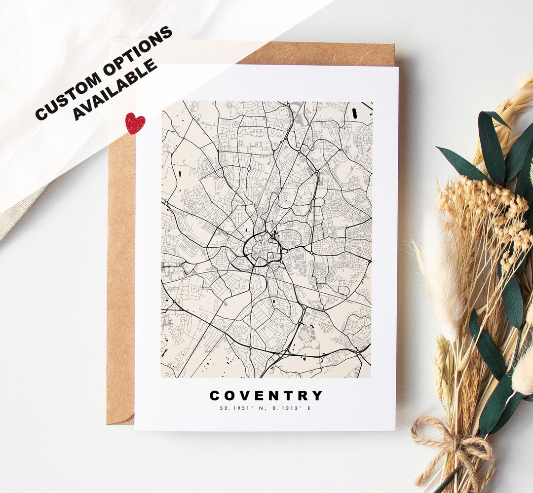 Coventry Map Greeting Card - Custom Options Available - Custom Map ...