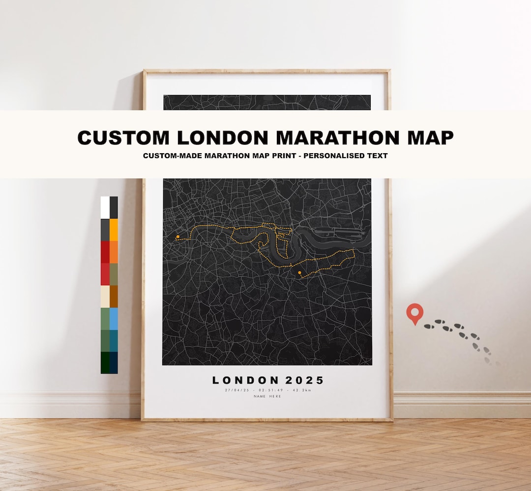 Custom London Marathon Map Print - Personalised Title & Text - Choose ...