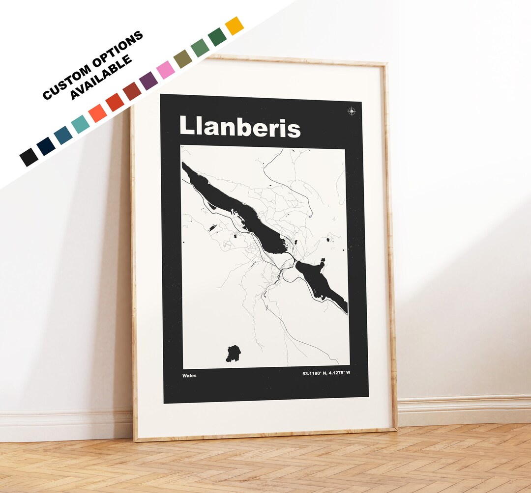 Llanberis Print Map Print Mid Century Modern Wales Vintage Contemporary ...
