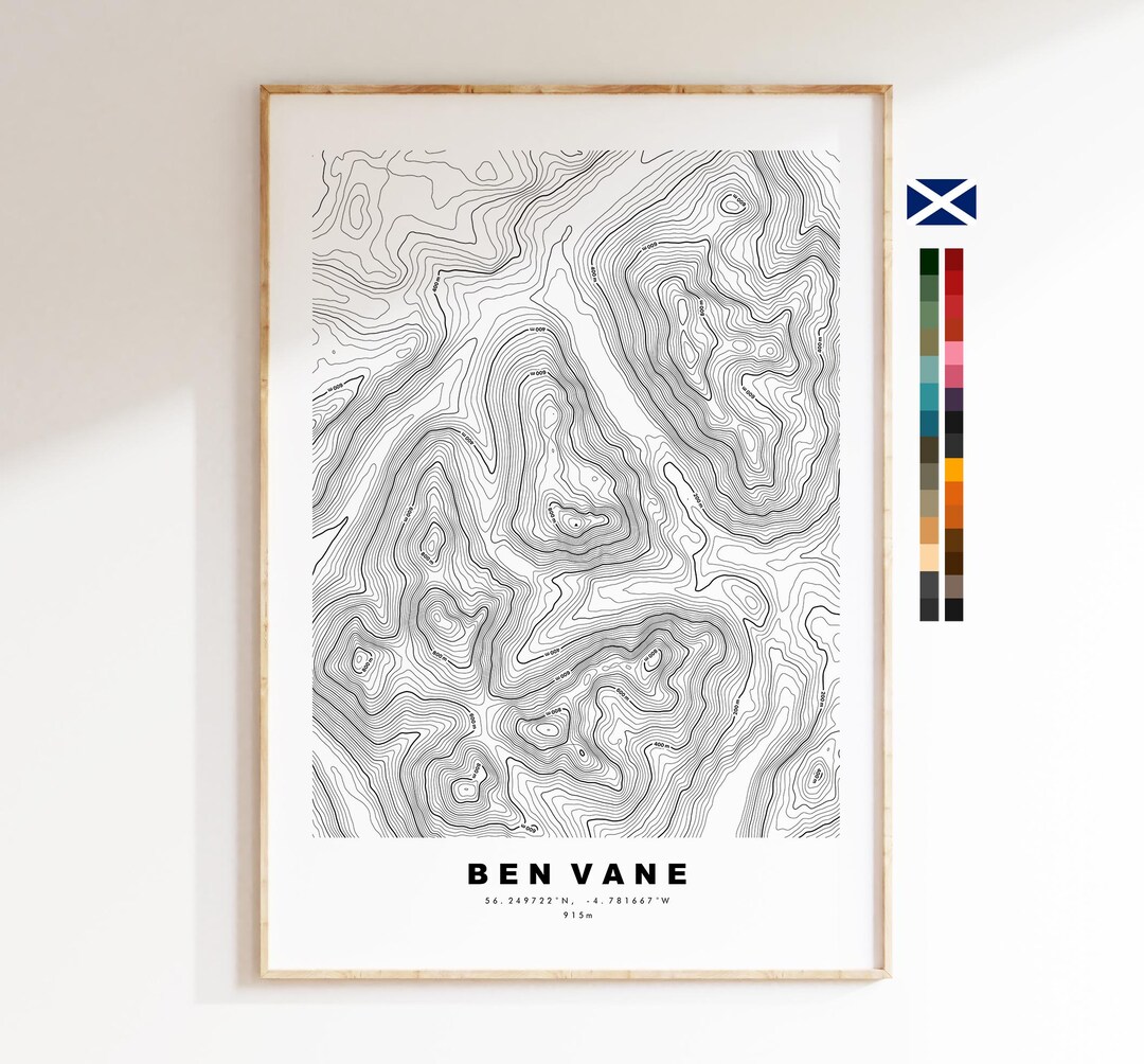 Ben Vane Print - Contour Map - Ben Vane Poster - Scotland - Topographic ...
