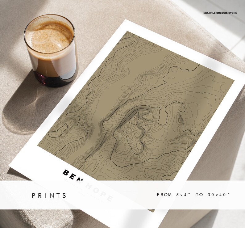 Ben Hope Print - Contour Map - Ben Hope Poster - Scotland - Topographic ...