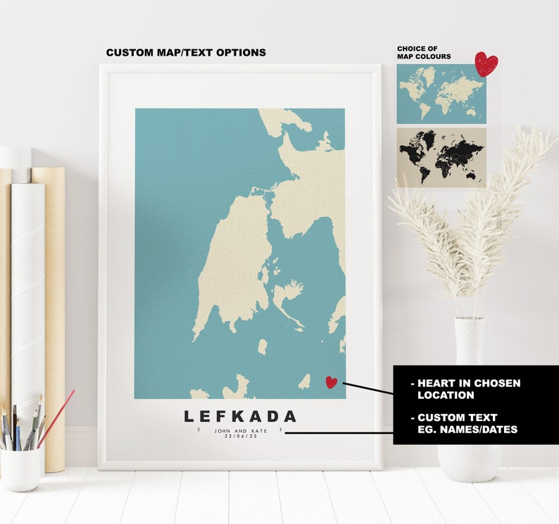 Lefkada Map Print - Personalised Map Gift - Framed or Canvas Options ...