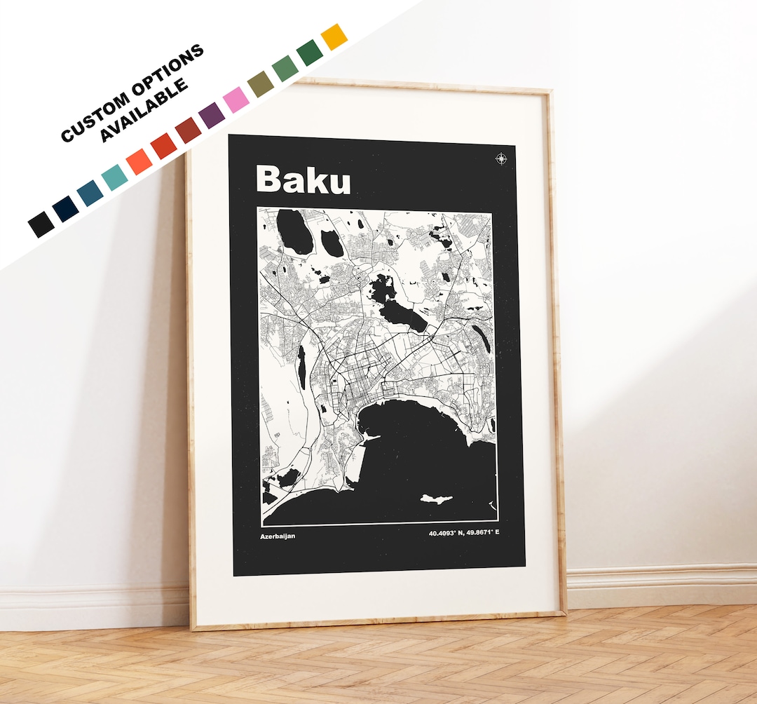 Baku Map Print - Custom Options/colours Available - Prints or Framed ...