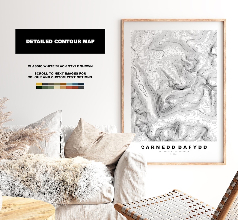 Carnedd Dafydd Print - Contour Map - Snowdonia - Wales - Topographic ...