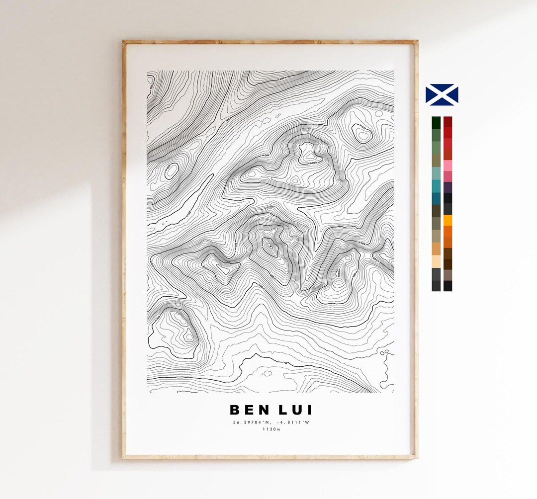 Ben Lui Print - Contour Map - Ben Lui Poster - Scotland - Topographic ...