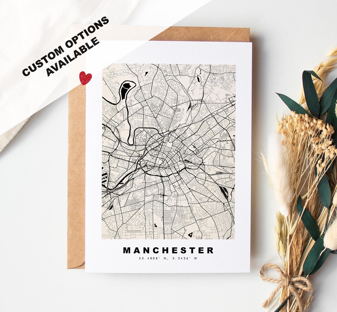 Manchester Map Greeting Card - Custom Options Available - Custom Map ...